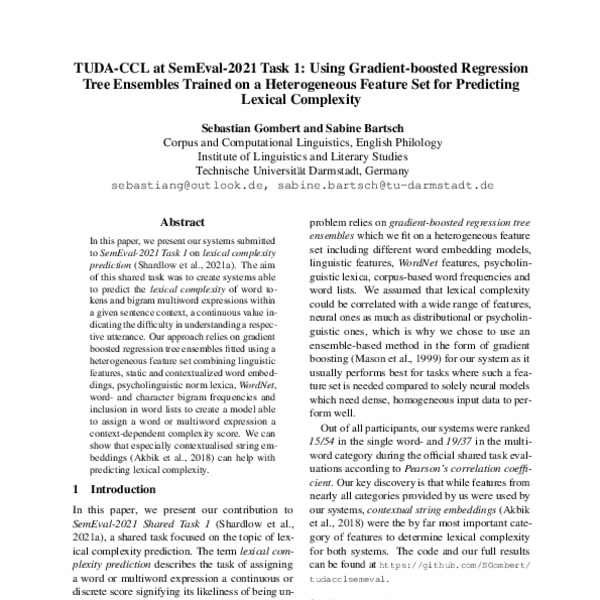 TUDA-CCL at SemEval-2021 Task 1: Using Gradient-boosted Regression Tree Ensembles Trained on a ...