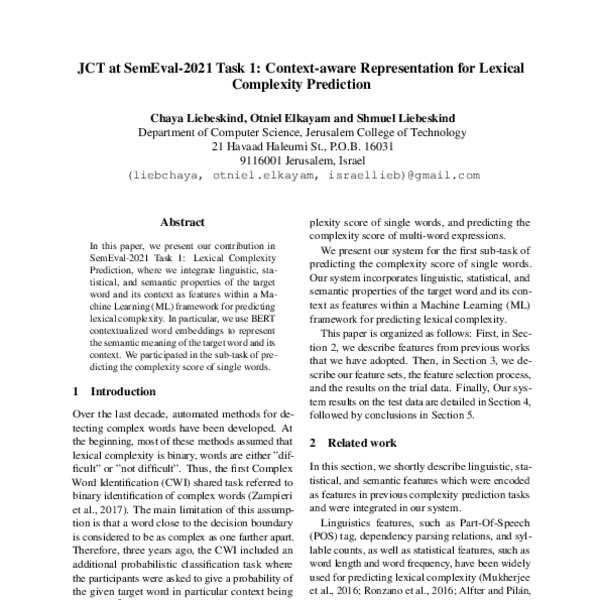 JCT at SemEval-2021 Task 1: Context-aware Representation for Lexical Complexity Prediction - ACL ...