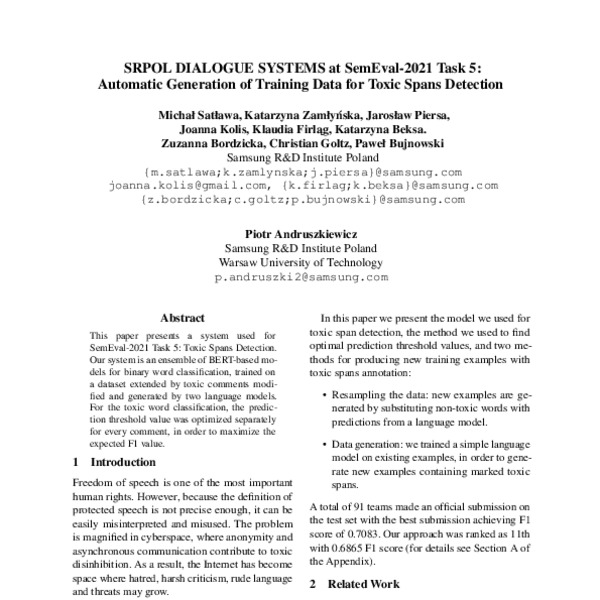 SRPOL DIALOGUE SYSTEMS at SemEval-2021 Task 5: Automatic Generation of Training Data for Toxic ...