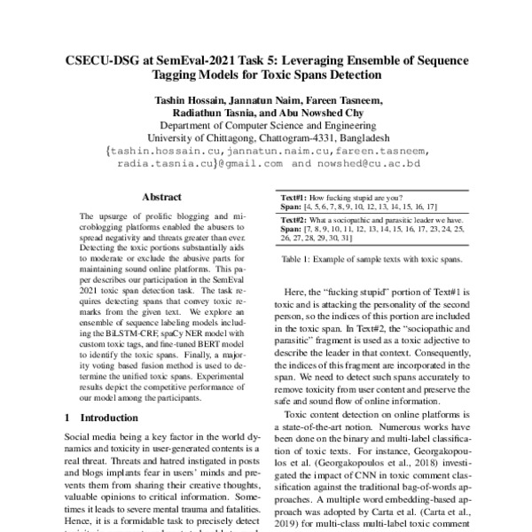 CSECU-DSG at SemEval-2021 Task 5: Leveraging Ensemble of Sequence Tagging Models for Toxic Spans ...