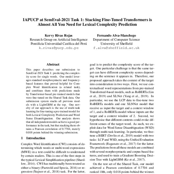 IAPUCP at SemEval-2021 Task 1: Stacking Fine-Tuned Transformers is Almost All You Need for ...