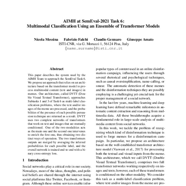 AIMH at SemEval-2021 Task 6: Multimodal Classification Using an Ensemble of Transformer Models ...
