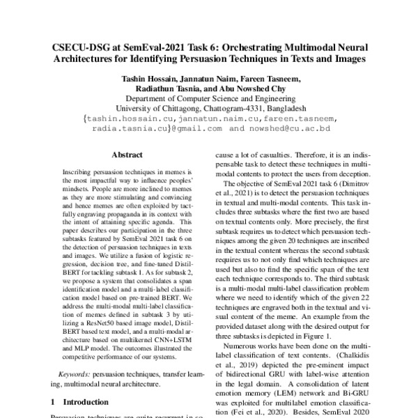 CSECU-DSG at SemEval-2021 Task 6: Orchestrating Multimodal Neural Architectures for Identifying ...