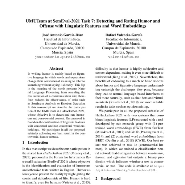 UMUTeam at SemEval-2021 Task 7: Detecting and Rating Humor and Offense with Linguistic Features ...