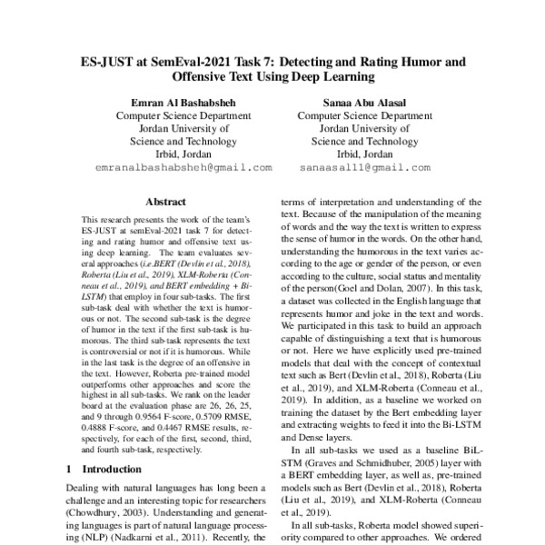 ES-JUST at SemEval-2021 Task 7: Detecting and Rating Humor and Offensive Text Using Deep ...