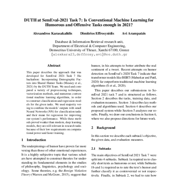 DUTH at SemEval-2021 Task 7: Is Conventional Machine Learning for Humorous and Offensive Tasks ...