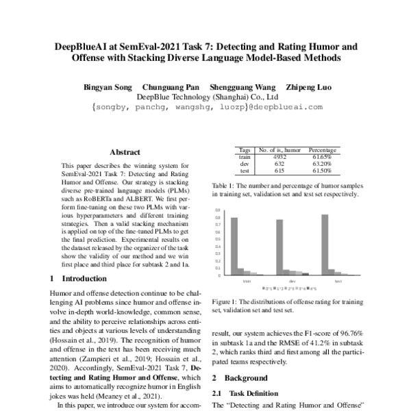 DeepBlueAI at SemEval-2021 Task 7: Detecting and Rating Humor and Offense with Stacking Diverse ...