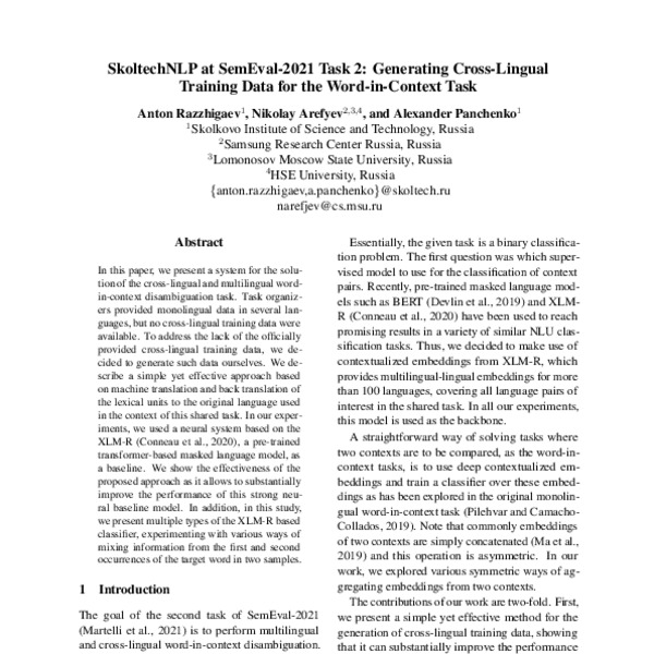 SkoltechNLP at SemEval-2021 Task 2: Generating Cross-Lingual Training Data for the Word-in ...