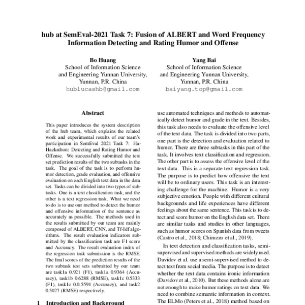hub at SemEval-2021 Task 7: Fusion of ALBERT and Word Frequency Information Detecting and Rating ...