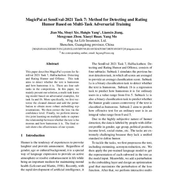 Magicpai At Semeval 2021 Task 7 Method For Detecting And Rating Humor Based On Multi Task