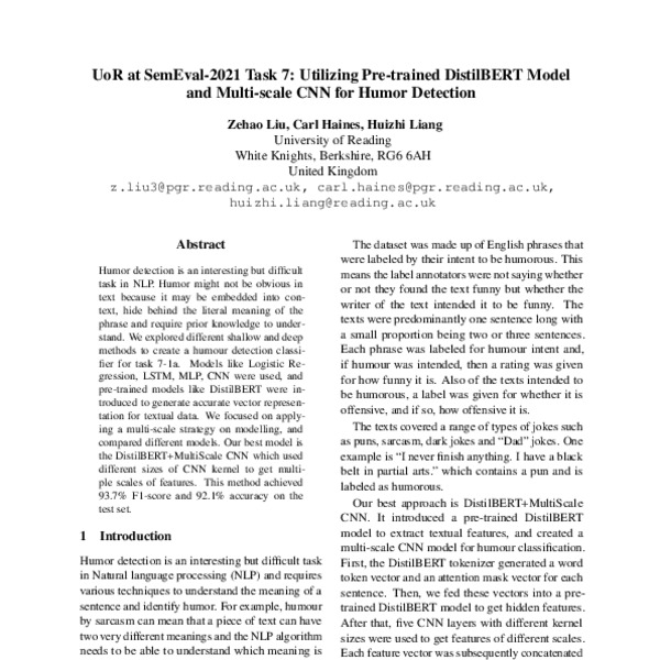 UoR at SemEval-2021 Task 7: Utilizing Pre-trained DistilBERT Model and Multi-scale CNN for Humor ...