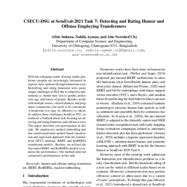 CSECU-DSG at SemEval-2021 Task 7: Detecting and Rating Humor and Offense Employing Transformers ...