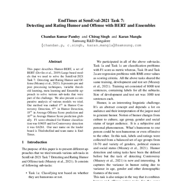 EndTimes at SemEval-2021 Task 7: Detecting and Rating Humor and Offense with BERT and Ensembles ...