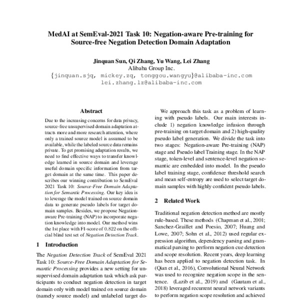 MedAI at SemEval-2021 Task 10: Negation-aware Pre-training for Source-free Negation Detection ...
