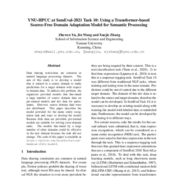 Ynu Hpcc At Semeval 2021 Task 10 Using A Transformer Based Source Free Domain Adaptation Model