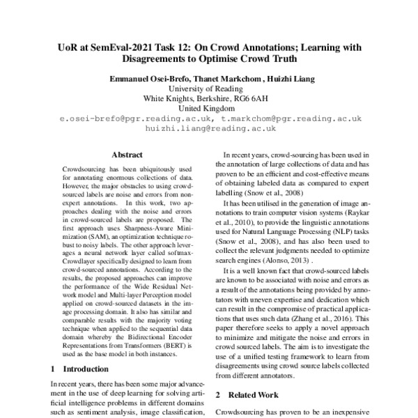 UOR at SemEval-2021 Task 12: On Crowd Annotations; Learning with Disagreements to optimise crowd ...