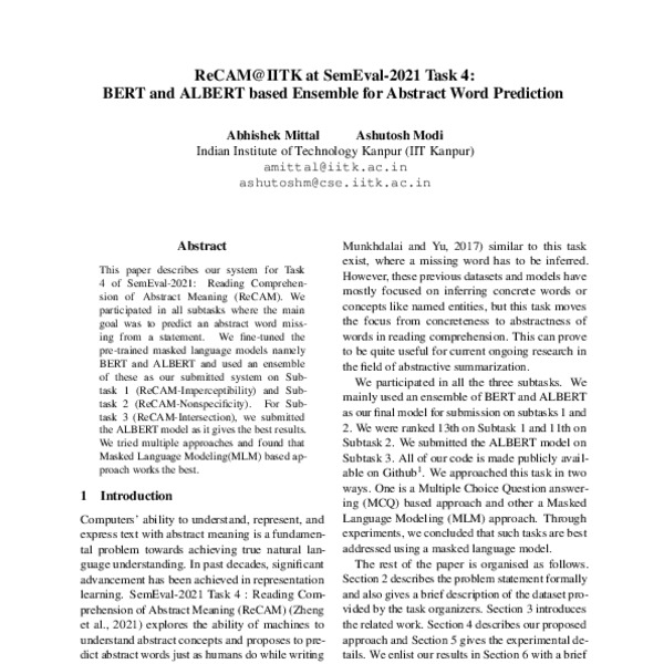 ReCAM@IITK at SemEval-2021 Task 4: BERT and ALBERT based Ensemble for Abstract Word Prediction ...