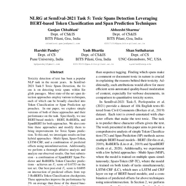 NLRG at SemEval-2021 Task 5: Toxic Spans Detection Leveraging BERT-based Token Classification ...