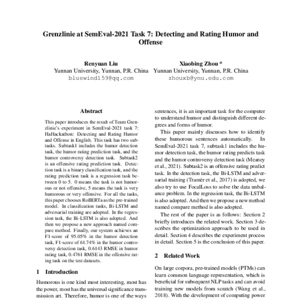 Grenzlinie at SemEval-2021 Task 7: Detecting and Rating Humor and Offense - ACL Anthology