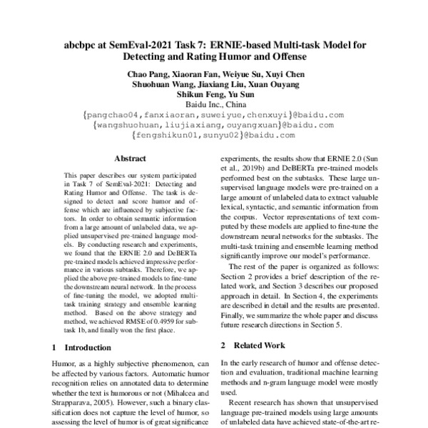 abcbpc at SemEval-2021 Task 7: ERNIE-based Multi-task Model for Detecting and Rating Humor and ...