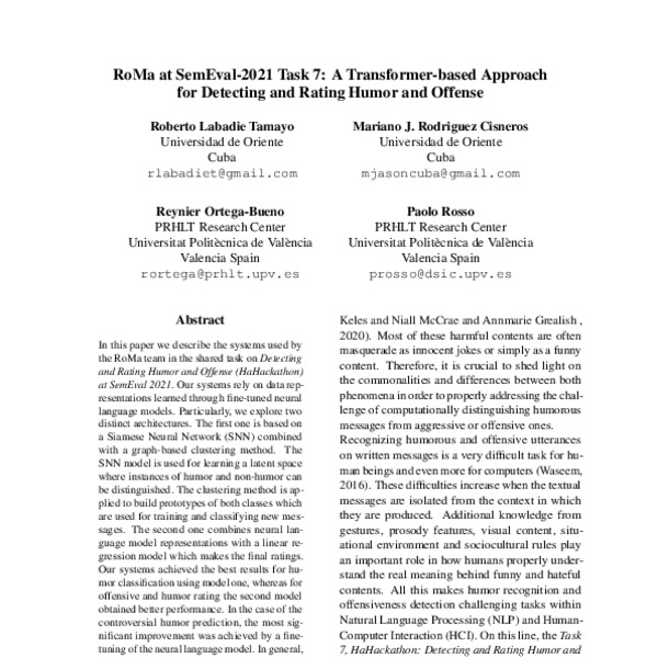 RoMa at SemEval-2021 Task 7: A Transformer-based Approach for Detecting and Rating Humor and ...