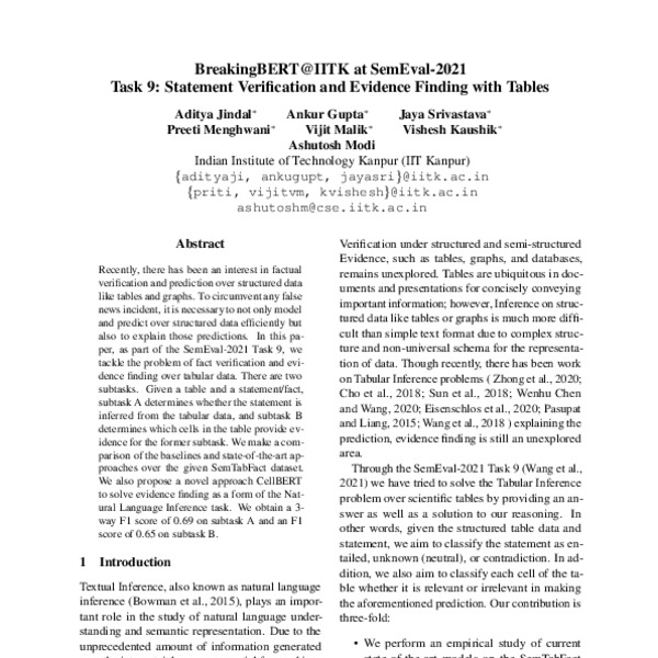 BreakingBERT@IITK at SemEval-2021 Task 9: Statement Verification and Evidence Finding with ...