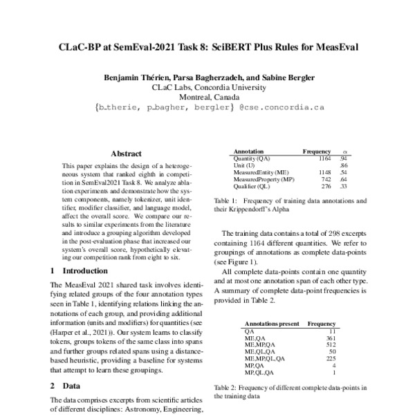 CLaC-BP at SemEval-2021 Task 8: SciBERT Plus Rules for MeasEval - ACL Anthology