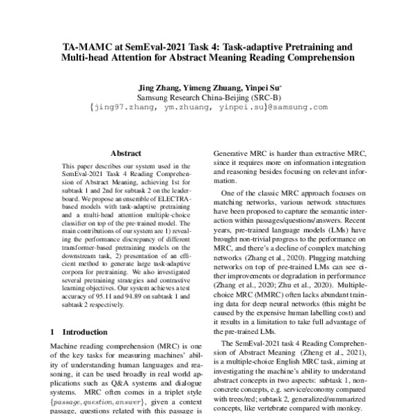 TA-MAMC at SemEval-2021 Task 4: Task-adaptive Pretraining and Multi-head Attention for Abstract ...