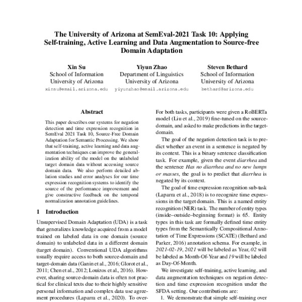 The University of Arizona at SemEval-2021 Task 10: Applying Self-training, Active Learning and ...