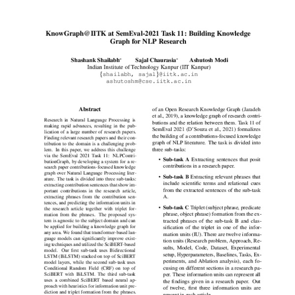 KnowGraph@IITK at SemEval-2021 Task 11: Building Knowledge Graph for NLP Research - ACL Anthology