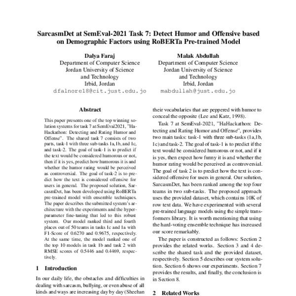 SarcasmDet at SemEval-2021 Task 7: Detect Humor and Offensive based on Demographic Factors using ...