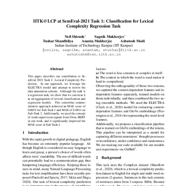 IITK@LCP at SemEval-2021 Task 1: Classification for Lexical Complexity Regression Task - ACL ...