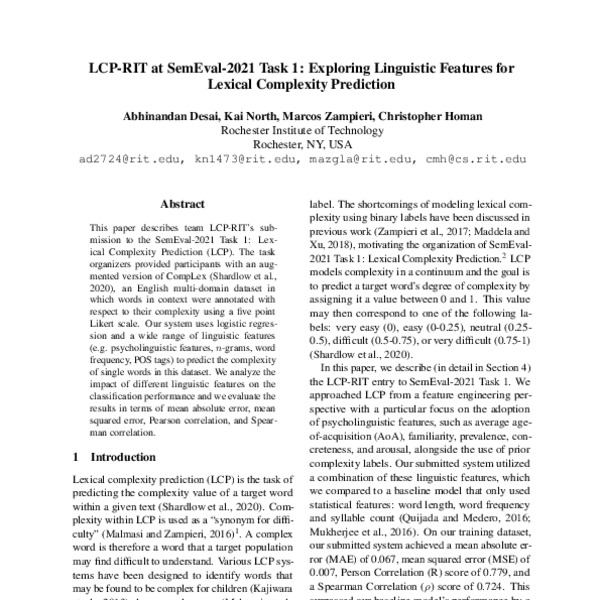 LCP-RIT at SemEval-2021 Task 1: Exploring Linguistic Features for Lexical Complexity Prediction ...