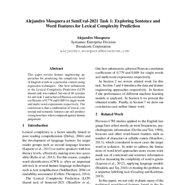 Alejandro Mosquera at SemEval-2021 Task 1: Exploring Sentence and Word Features for Lexical ...