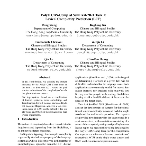 PolyU CBS-Comp at SemEval-2021 Task 1: Lexical Complexity Prediction (LCP) - ACL Anthology