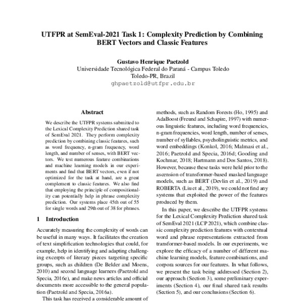 UTFPR at SemEval-2021 Task 1: Complexity Prediction by Combining BERT Vectors and Classic ...
