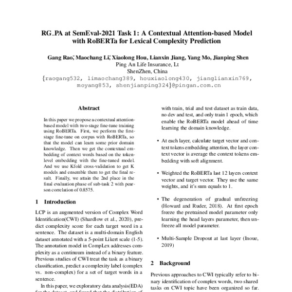 RG PA at SemEval-2021 Task 1: A Contextual Attention-based Model with RoBERTa for Lexical ...