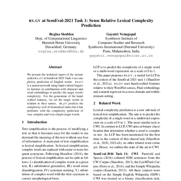 RS_GV at SemEval-2021 Task 1: Sense Relative Lexical Complexity Prediction - ACL Anthology