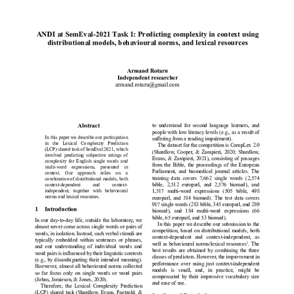 ANDI at SemEval-2021 Task 1: Predicting complexity in context using distributional models ...