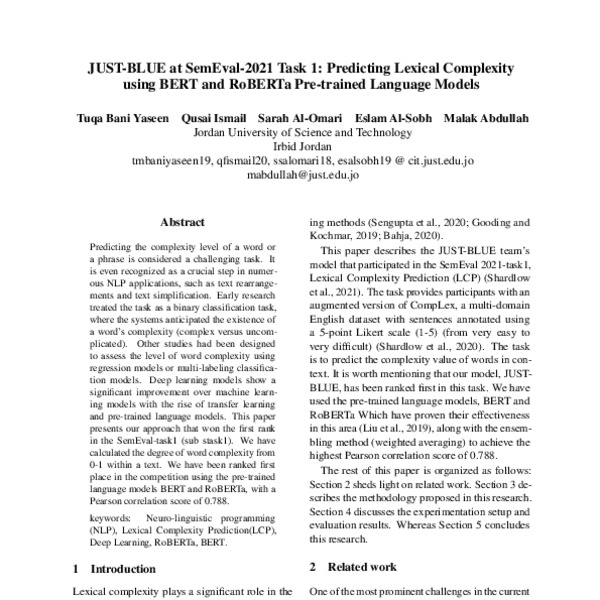 JUST-BLUE at SemEval-2021 Task 1: Predicting Lexical Complexity using BERT and RoBERTa Pre ...