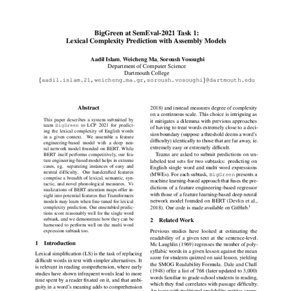 BigGreen at SemEval-2021 Task 1: Lexical Complexity Prediction with Assembly Models - ACL Anthology