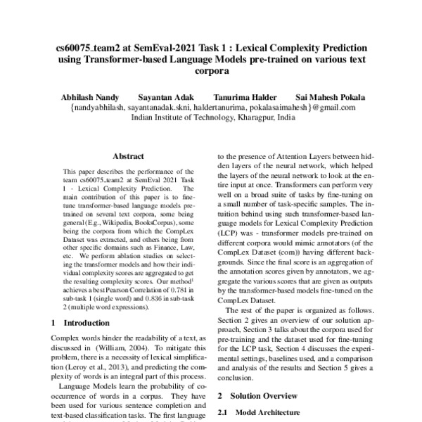 cs60075_team2 at SemEval-2021 Task 1 : Lexical Complexity Prediction using Transformer-based ...