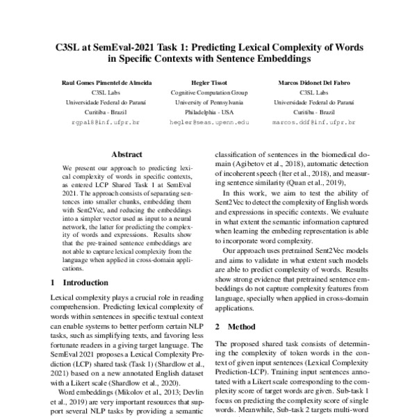C3SL at SemEval-2021 Task 1: Predicting Lexical Complexity of Words in Specific Contexts with ...