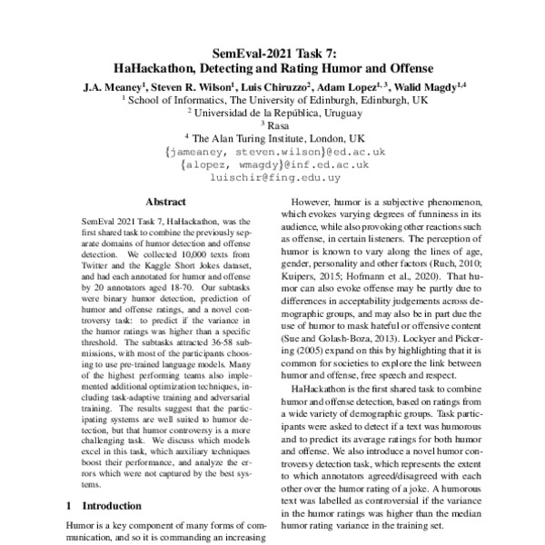 SemEval 2021 Task 7: HaHackathon, Detecting and Rating Humor and Offense - ACL Anthology