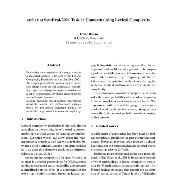 archer at SemEval-2021 Task 1: Contextualising Lexical Complexity - ACL Anthology