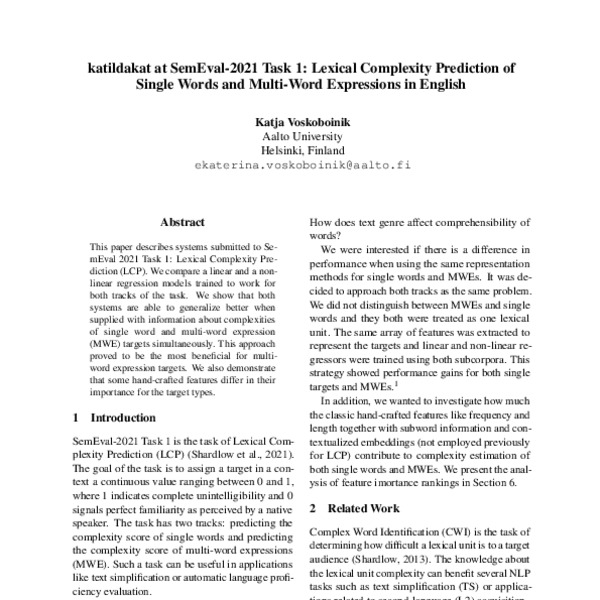 katildakat at SemEval-2021 Task 1: Lexical Complexity Prediction of Single Words and Multi-Word ...