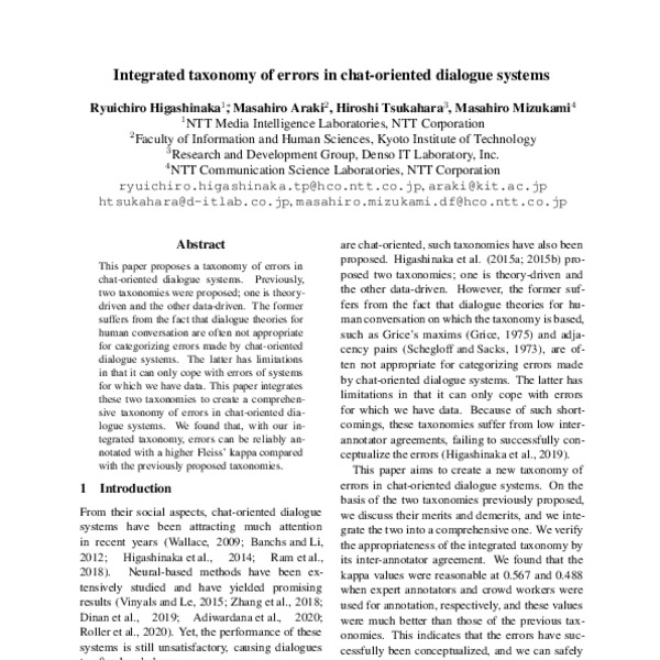Integrated taxonomy of errors in chat-oriented dialogue systems - ACL Anthology