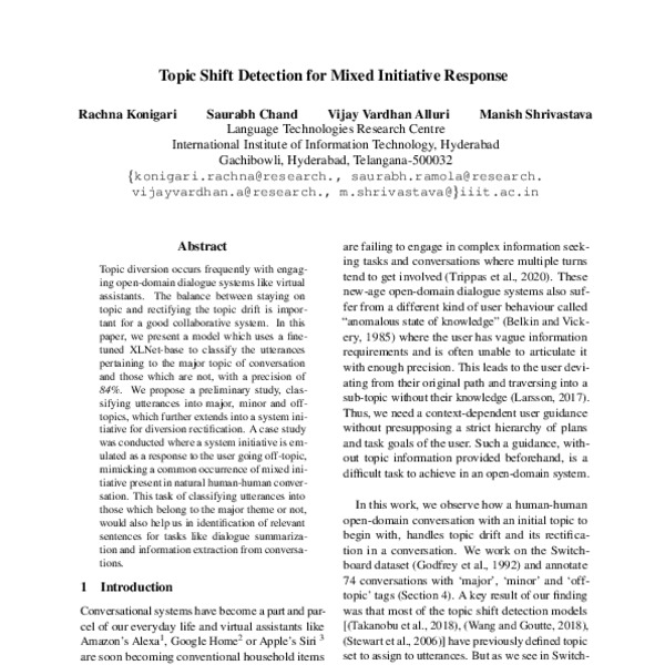 Topic Shift Detection for Mixed Initiative Response - ACL Anthology
