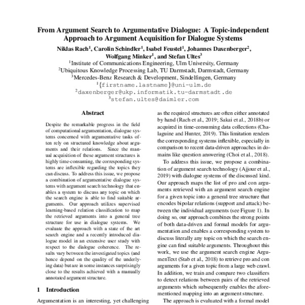 From Argument Search to Argumentative Dialogue: A Topic-independent Approach to Argument ...