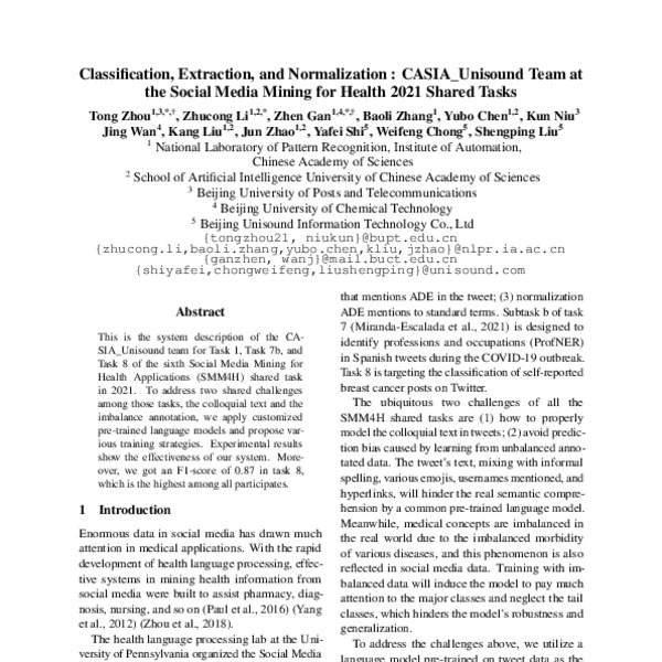 Classification, Extraction, and Normalization : CASIA_Unisound Team at the Social Media Mining ...